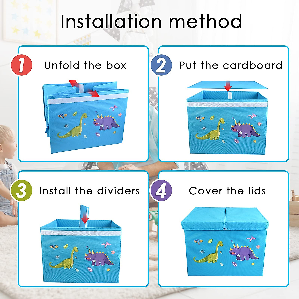 GOLDGE Two Pcs Toy Chest for Boys Girls 18x16x14 Inch, Baby Shark, Collapsible Dinosaur Toy Box with Lid, Blue, Kids Toy Box for Boys Girls