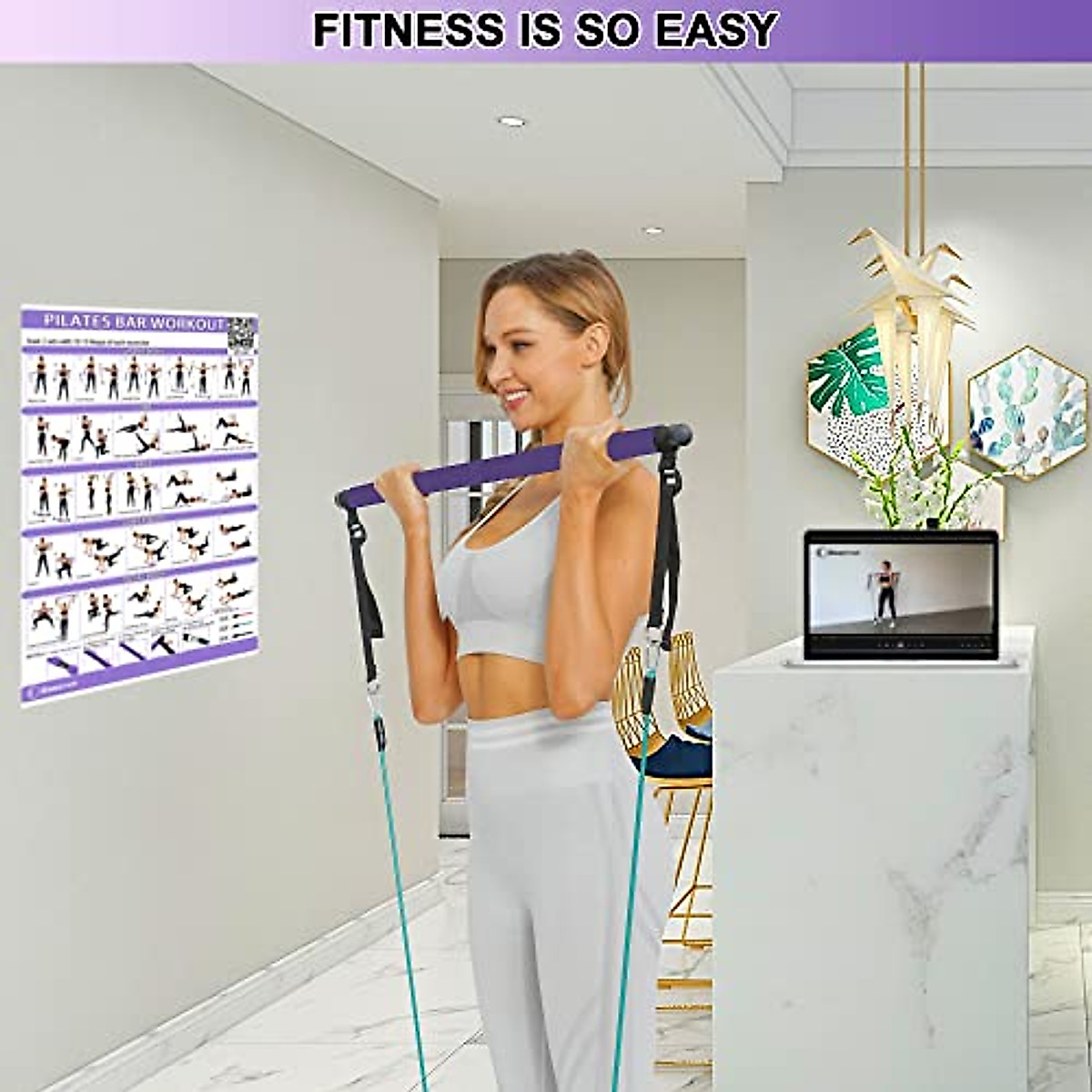 Goocrun Portable Pilates Bar Kit with Resistance Bands for Men and Women - 6 Exercise Resistance Bands(15, 20, 30 LB)- Home Gym Equipment - Supports Full-Body Workouts – with Fitness Poster and Video