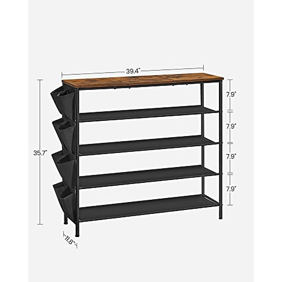 VASAGLE 5 Tier Extra Long Shoe Rack, 39.4 Inches Shoe Organizer with 8 Side Pockets, Shoe Shelf for Closet Entryway, with 4 Fabric Shelves, Steel Frame, Industrial, Rustic Brown and Black ULBS039B01