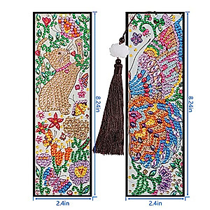Cat Butterfly Bookmark with Diamond - pigpigboss 2 Pieces Bookmark Diamond Painting Kit Leather Bookmark Diamond Dots Art with Tassel for Student Adult Graduation Gift (21 x 6 cm)