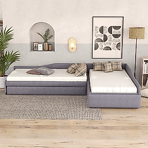 CITYLIGHT Upholstered L-Shaped 2 Twin Beds with Trundle and Storage Drawer, Wood Linen Corner Bed for Kids Girls Boys Teens Bedroom, Grey