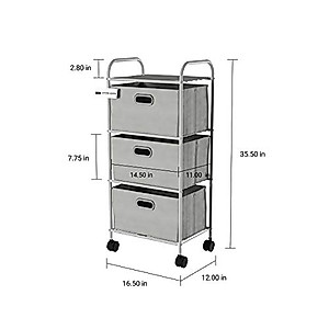 Rolling 3 Drawer Cart - Fabric Bin Storage Cart with Wheels and Metal Frame Closet Drawers for Clothes, Home, or Office by Lavish Home (Gray)