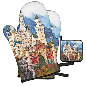 Swono Castle Painting Oven Mitts and Pot Holders Sets,Original Oil Painting of Famous Neuschwanstein Castle in Bavaria Kitchen Cooking Gloves Heat Resistant Baking for BBQ Grilling