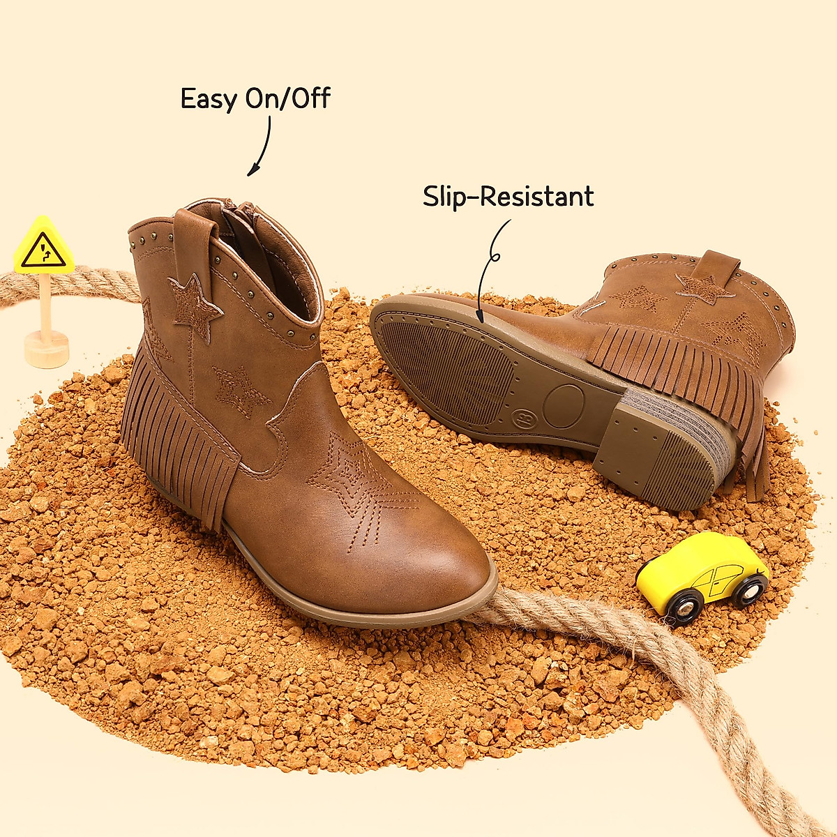 DREAM PAIRS Girls Cowgirl Cowboy Ankle Western Boots Side Zipper Riding Shoes with Tassel,Size 2 Little Kid,Camel,SDBO2302K