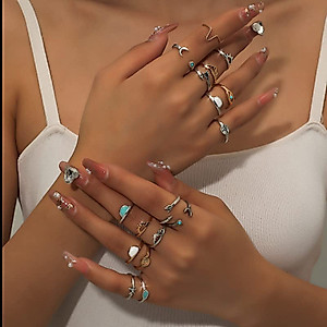 TWINKLEDE 19Pcs Finger Rings Silver Stackable Rings Statement Knuckle Ring Set Moon Star Wave Joint Accessories for Women