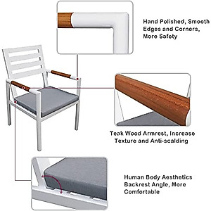 JP Outdoor Patio Dining Chair Set of 6, White Stackable Cast Aluminum Armchair with Grey Cushion, for Indoor Living Room or Outdoor Lawn, Garden, Courtyard, Bistro