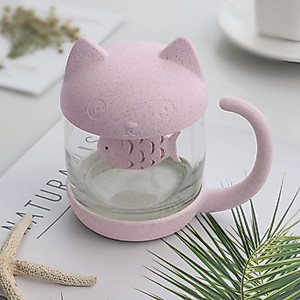 BigNoseDeer Cat Tea Cup Cute Tea Mug Glass Tea Pot with Fish Tea Infuser for Loose Leaf Tea (Pink 8oz)