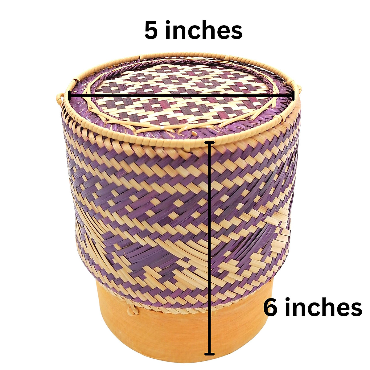 Bamboo Sticky Rice Serving Basket 5x6 Inch, Kratip, Intricately Woven Container, Round Shaped, Elephant Weave Pattern, Thailand Handmade, Dyed with Natural Based (Purple)