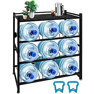 Eastrexon 5 Gallon Water Jug Holder Heavy Duty，4-Tier Water Jug Rack w/Top Shelf, Wall Mount Water Bottle Holder for 9 Bottles, Powder Coated Water Rack Stand for Home, Office, Restaurant, Gym.