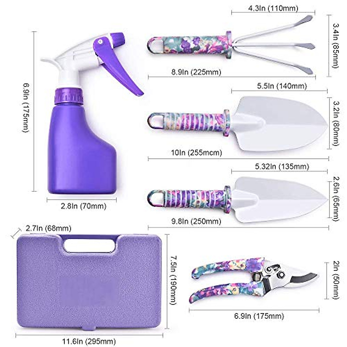 LEKEONE Gardening Tools Set, Unique Gardening Gifts for Women, Gardening Hand Tools with Purple Carrying Case, Gardening Kit for Home Gardening Flowers Potted Trim Loosing Planting Tools (5PCS)