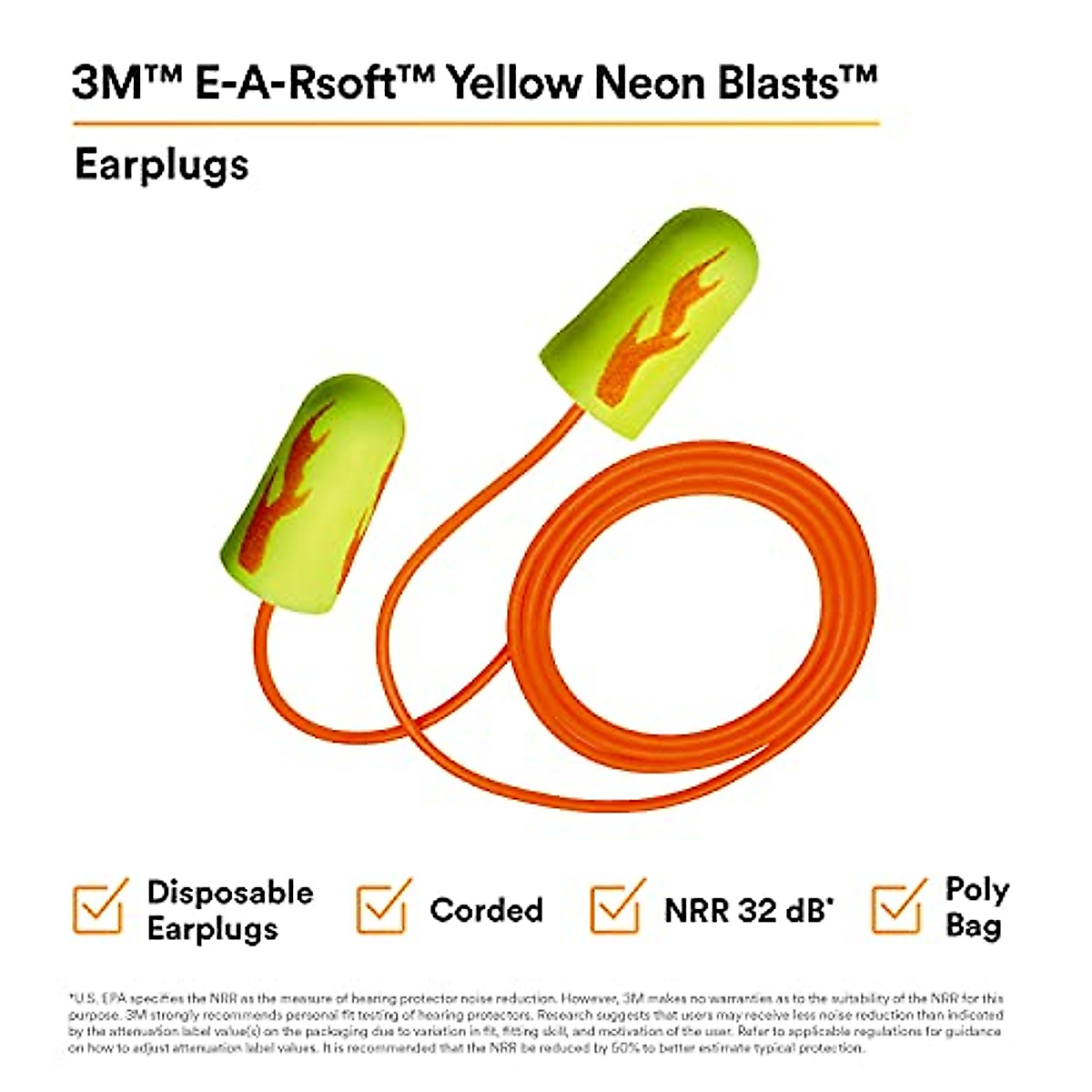 3M Ear Plugs, 200/Box, E-A-Rsoft Yellow Neon Blasts 311-1252, Corded, Disposable, Foam, NRR 33, Drilling, Grinding, Machining, Sawing, Sanding, Welding, 1/Poly Bag