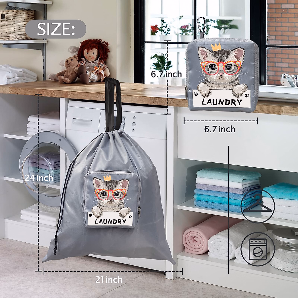 Cute Cat Travel Laundry Bags - Canvas Dirty Clothes Bag with Handle and Carabiner - Expandable to 24''l x 21''w - Great for Traveling - Cat Gifts for Women - Travel Laundry Bags for Dirty Clothes