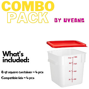 uVeans COMBO PACK Square Sous Vide Containers With Lids - 8 Quart Restaurant Supplies Food Containers - 4 Containers and 4 Lids Food Service