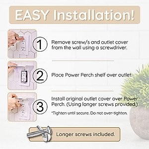 BeraTek Industries Power Perch Wall Outlet Shelf - Convert Your Outlet into Display Shelves - Alexa Speaker Stand, Electric Toothbrush Holder - Light Socket Shelf by Storage Theory - 2 Pack, White