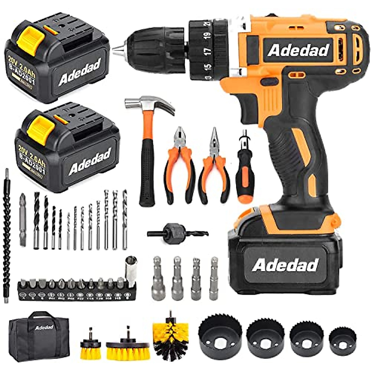 Adedad 20V Cordless Drill Set Electric Power Drill Kit with 2 Batteries and Charger,300 in-lbs Torque, 3/8 Inch Keyless Chuck, 23+1 Position,2 Variable Speed, LED Light and 48pcs Accessories