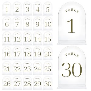 Table Numbers for Wedding Reception - Transparent Acrylic with Gold Writing, (Set of 1-30) Elegant Table Number Holders