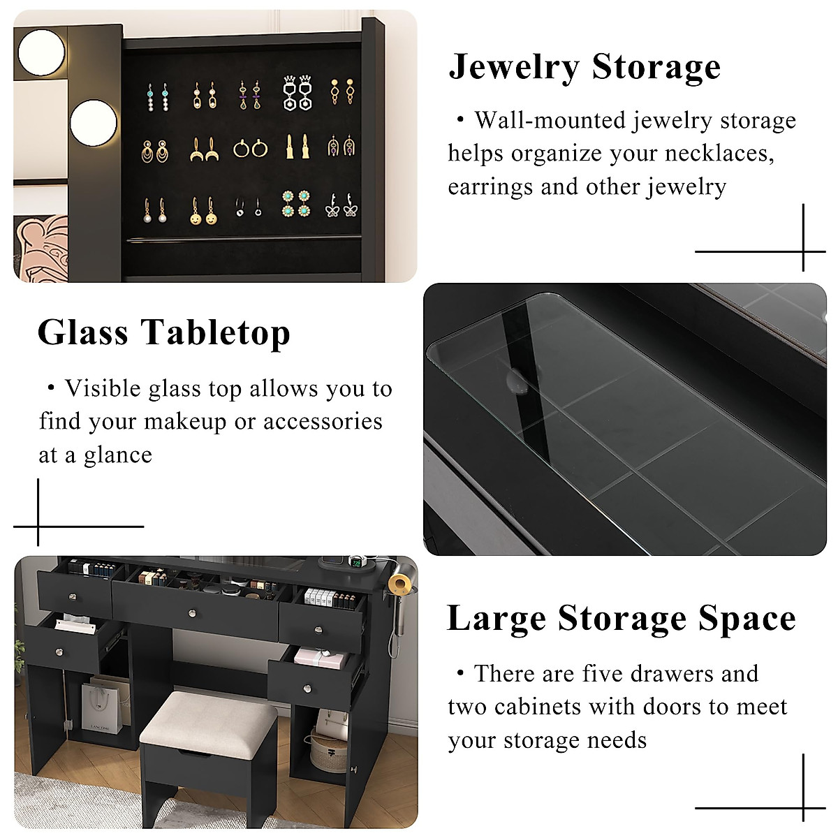 Vanity Desk with Lighted Mirror & Power Outlet, Makeup Vanity Table with 5 Drawers & 2 Cabinets, Large Vanity Set with Stool, Glass Top, Sliding Jewelry Storage Shelves, for Women Girls, Black