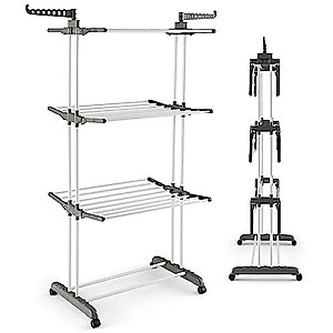 Giantex Foldable Clothes Drying Rack, Oversized 4-Tier Collapsible Laundry Rack w/ 3 Retractable Trays, Hanger Holders, Moveable Laundry Garment Dryer Stand w/Wheels for Indoor Outdoor Use