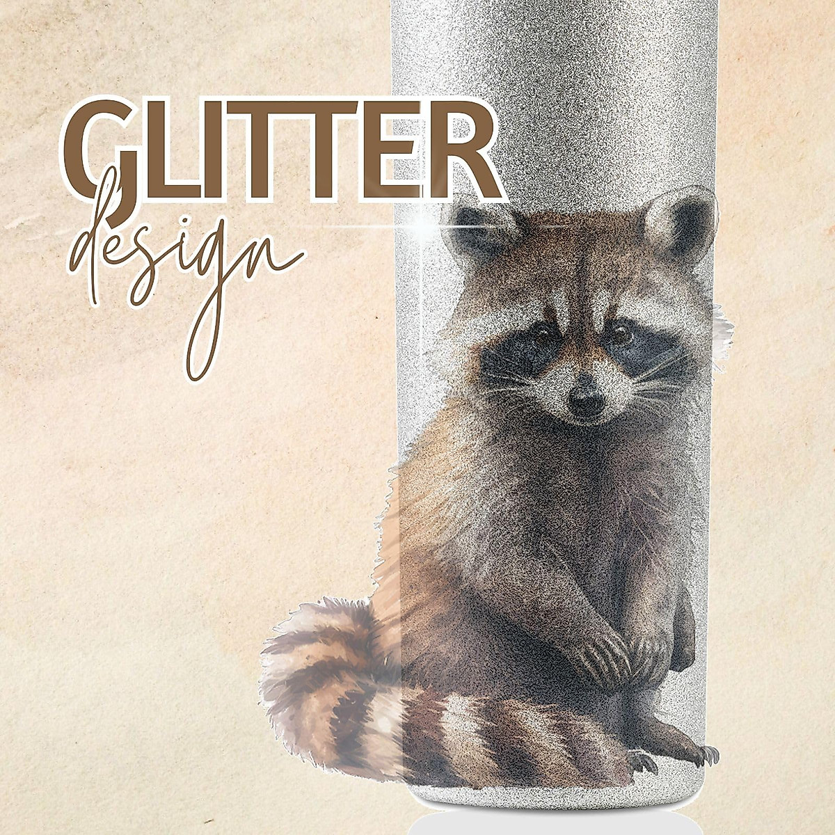 Onebttl Raccoon Gifts for Women, Insulated 20 oz Stainless Steel Skinny Tumbler with Straw, Brush, Lid, and Gifts Box, Glitter Silver