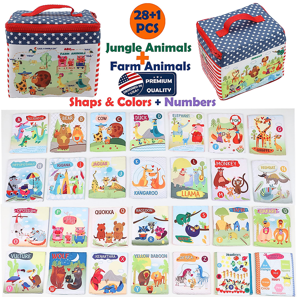 Alphabet Baby Toy Gift, Soft Cloth Alphabet Cards 28PCS, ABC Learning Flash Cards with Bag, Early Educational Learning Toys for Babies Infants Toddlers 1-2 2-4 Years Boys Girls, & Animal Guide Book