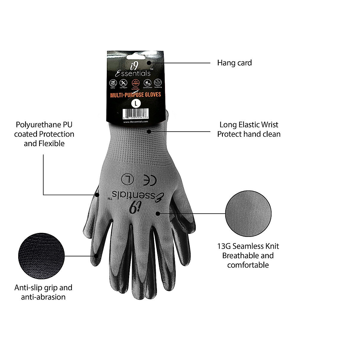 Multi-Purpose Work Gloves Large - Nitrile Coated Work Gloves for Men/women -Lightweight Safety work Gloves with grip for Woodworking, Gardening, Construction Work Gloves - Black & Grey,12 Pairs