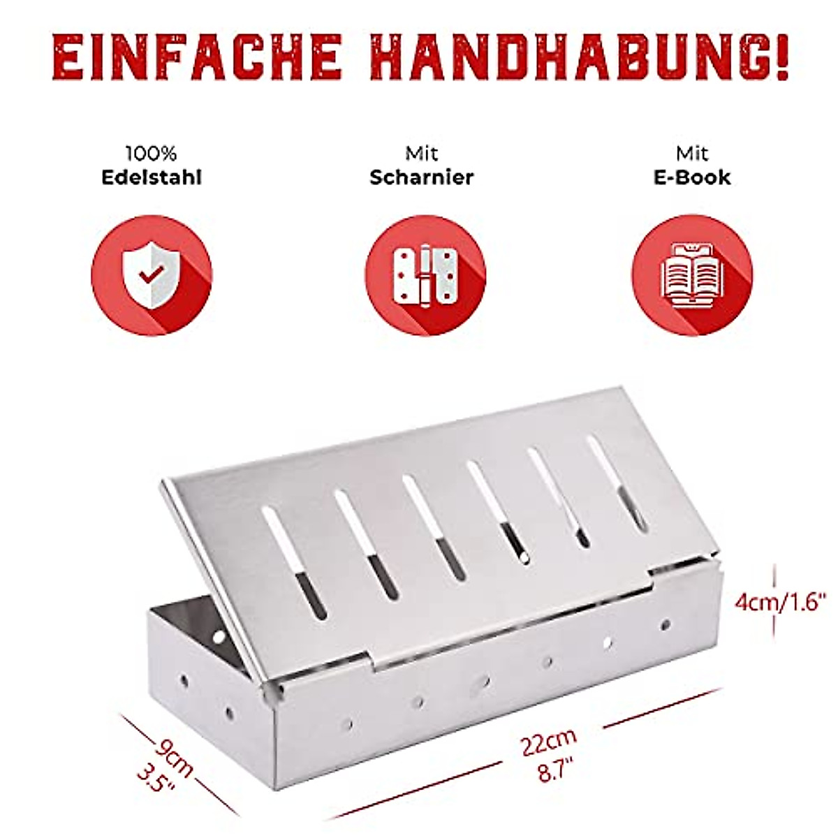 JUYT Smoker Incense Box Made of Stainless Steel - Grilling Smoker Box Universal, Smoking,for Gas Grill Accessories or Charcoal Grill, 8.86 x 3.47 x 1.58 Inch, Silver (Smoker-1F)