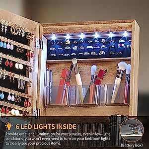 LVSOMT 6 LEDs Freestanding Jewelry Cabinet Armoire with Full-Length Floor Standing Mirror, Lockable Storage Organizer, Dressing Body Mirror, Large Capacity with Cosmetic Bags, Trays, Shelves (Wood)