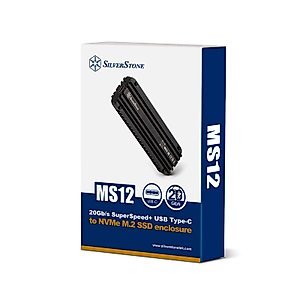 Silverstone MS12, 20Gbps SuperSpeed+ USB 3.2 Gen 2x2 Type-C to NVMe M.2 SSD Enclosure, Aluminum, Black, SST-MS12
