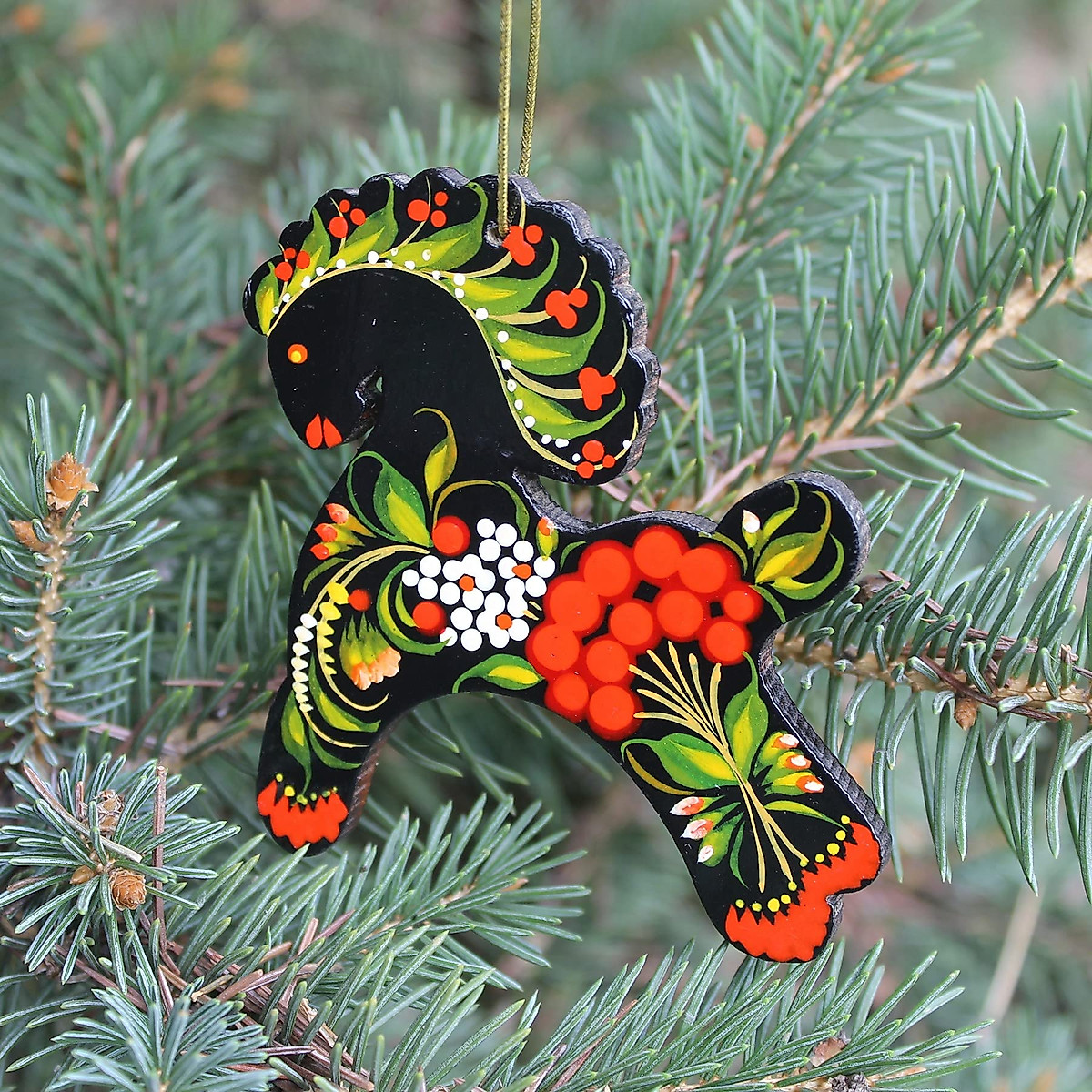 Hand-Painted Christmas Decorations Horse - Star - Tree - 3 Pcs. Set Wooden Painted on Both Sides 9,5 x 9 x 0,5 cm Handmade Christmas Ornaments Folk Art Ukrainian Traditional Petrykivka Craftsmanship