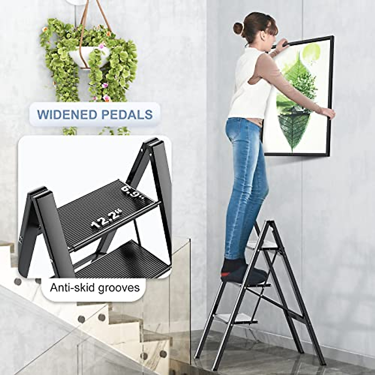 3 Step Ladder Folding Ladder Stool Portable Step Ladder Lightweight Aluminum Wide Anti Slip Pedal Multifunctional Household Adults Stepladder Black 330lb