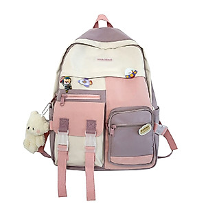 Cute Canvas Kawaii Backpack with Pins 16" Pink Aesthetic Bag Fashion Shoulder Backpack with Hanging Bear Fancy College Bags Lightweight Travel Bag (Blue And Pink)