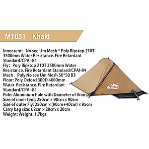 camppal 1 Person Tent Backpacking Tent for Camping Hiking Trekking Hunting Super Lightweight and Waterproof & Windproof 4 Season Mountain tent MT051 (Khaki)