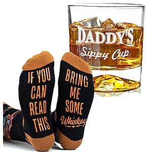 COOL STONES Daddy's Sippy Cup Whiskey Glass and Whiskey Socks for Dad - Whiskey Socks - New Dad and Old Dad - Gift Set for Men - Funny Engraved Scotch Glass and Fun Socks (Cup & Socks)
