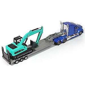 Diecast Toy Model Flatbed Truck w/ Excavator Tractor Metal Construction Vehicle Models Toys for Kids