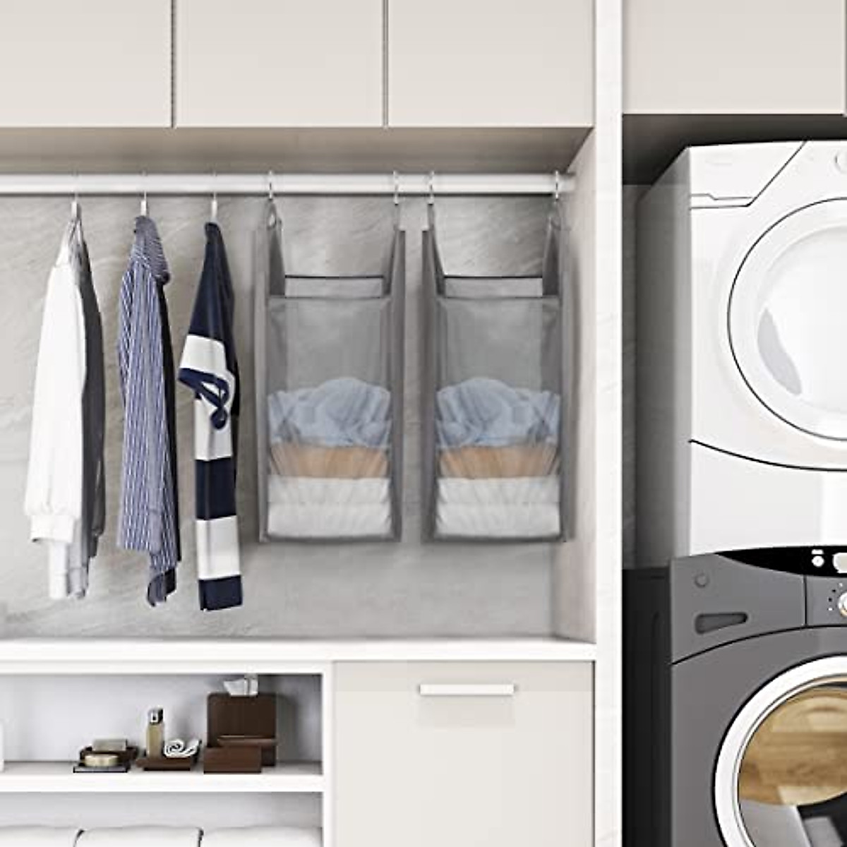 STORAGE MANIAC 2-Pack Hanging Laundry Hamper, Front See-Through Mesh Bag, Slim Basket, Double Hanging Closet Hamper, Narrow Organizer, Grey