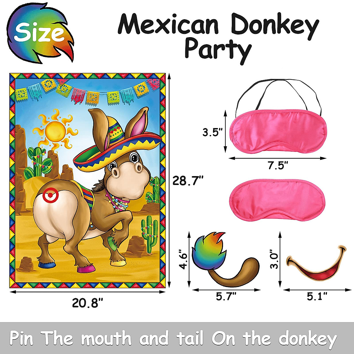 Zonon Pin The Tail on The Donkey Mexican Donkey Game, Mexican Fiesta Decorations, Taco Party Supplies, Poster with Blindfolds and Stickers Mexican Fiesta Birthday Carnival Party Decorations