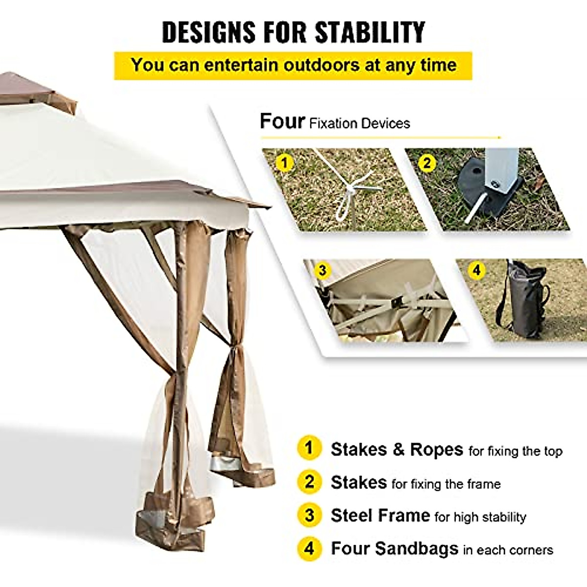 Happybuy Outdoor Canopy Gazebo Tent, Portable Canopy Shelter with 12'x12' Large Shade Tents for Parties, Backyard, Patio Lawn and Garden, 4 Sandbags, Carrying Bag and Netting Included, Brown