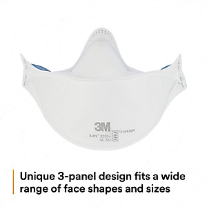 3M Aura Particulate Respirator 9205+, N95, Pack of 20 Disposable Respirators, Individually Wrapped, 3 Panel Flat Fold Design Allows for Facial Movements, Comfortable, NIOSH Approved