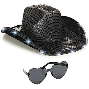 Funcredible Black Light Up Cowboy Hat and Glasses - Sparkly Disco Cowgirl Hat - Sequin Cowboy Hat for Women - Cowgirl Costumes for Girls