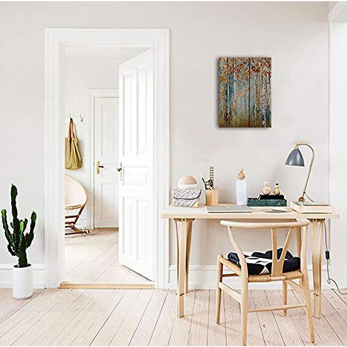 Canvas Wall Art Yellow Tree Forest Landscape Picture Prints, Rustic Modern Birch Trees Nature Woods Abstract Painting Artwork 12"x16" Wood Gallery and Framed for Home Office Living Room Bedroom Decor