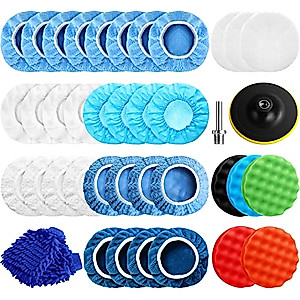 40 Pcs Car Polishing Kit Include 28 Pcs 5-6 Inch Microfiber Car Polishing Bonnet Pads 10 Pcs 6 Inch Wool Sponge Buffing and Foam Polish Pads Wax Buffer Polisher with Drill 2 Pcs Chenille Car Wash Mitt