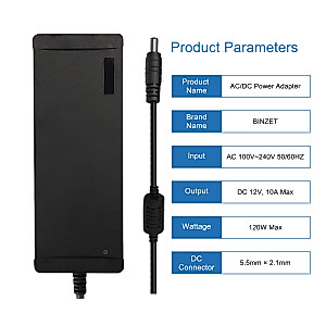 BINZET AC to DC 12V 10A 120W Power Supply Adapter Converter Regulator, 5.5mm x 2.1mm DC Plug, 12Volt 10Amp Wall Power Plug for DC12V 5050 5630 Flexible LED Strip Lights
