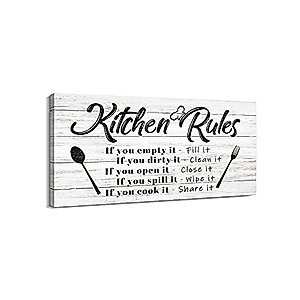 Pinetree Art Kitchen Rules Wall Decor Funny Inspirational Quote Canvas Print Art Modern Rustic Farmhouse Kitchen Decorative (8X16 Inch, W)