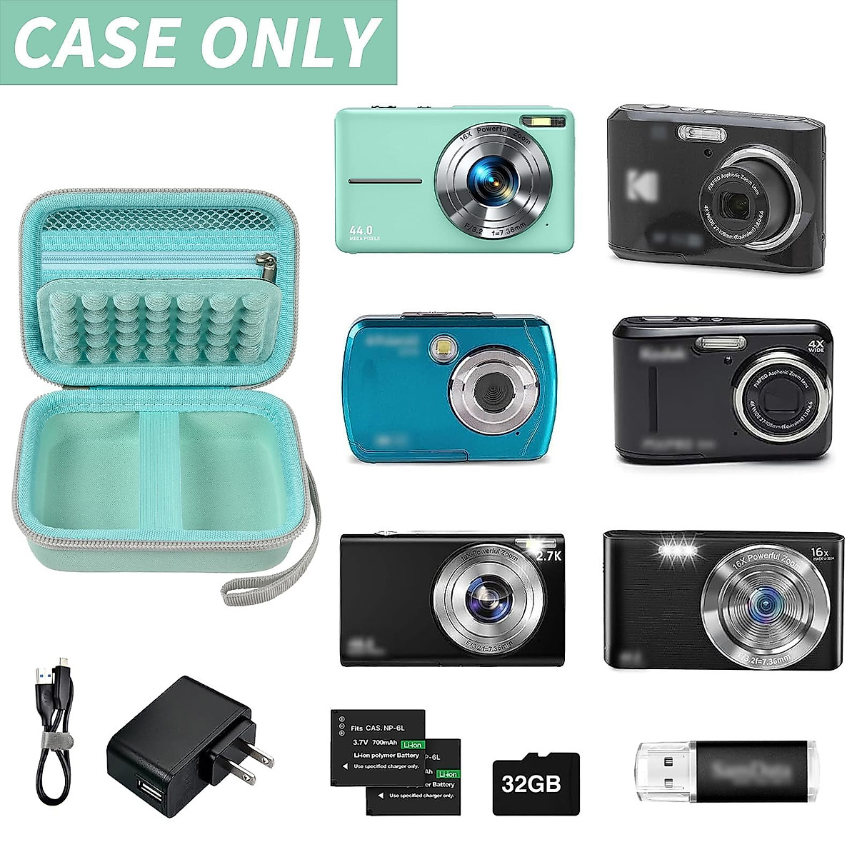 Grapsa Digital Camera Case for CAMKORY/for Kodak Pixpro/for VAHOIALD/for Sony DSCW800 830/ for Canon PowerShot 180 190. Vlogging Cameras Storage Holder for Accessories (Box Only)-Green