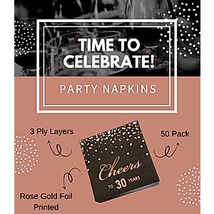 Rose Gold Foil Cocktail Napkins with Cheer 30 Years | Folded 5 x 5 Inches Disposable Party Napkins | 3-Ply Paper Beverage Napkins for 30th Birthday Decorations, Wedding Anniversary, Retirement, Black