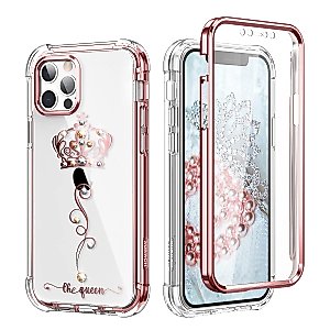 SURITCH Compatible with iPhone 12/iPhone 12 Pro Clear Case 6.1 Inch,[Built in Screen Protector] Luxury Crown Sparkle Diamond Bling Crystals Full Body Rugged Cover for Girls Women (Rose Gold)