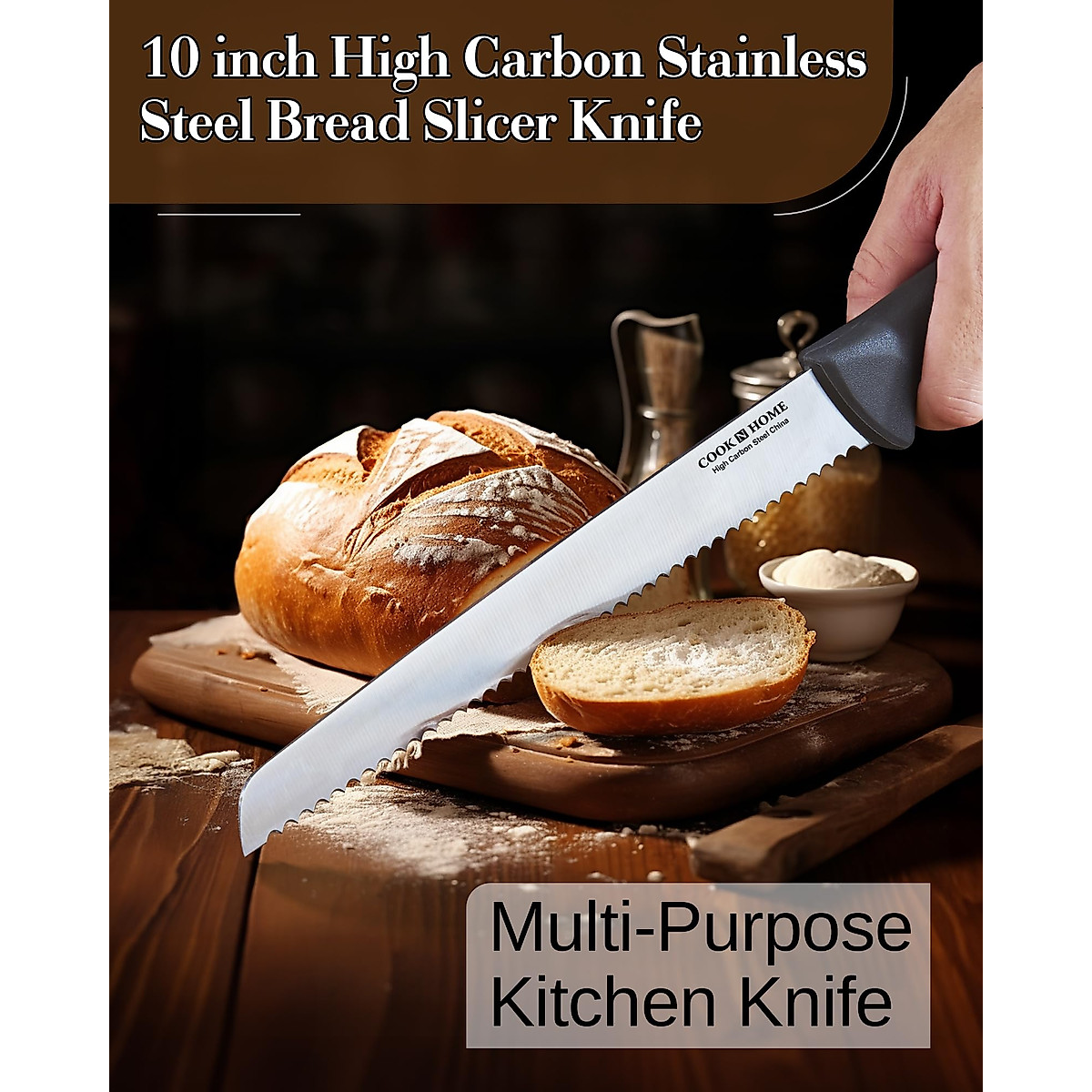 Cook N Home Bread Slicer Knife 10-Inch, Wavy Serrated High Carbon Stainless Steel Sharp Kitchen Knife, Ergonomic Handle, Black