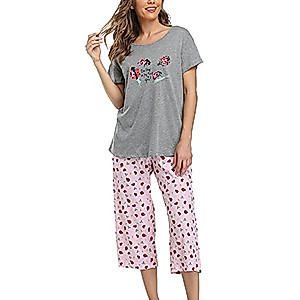 ENJOYNIGHT Womens Pajama Sets Cotton Pj Set Short Sleeve Top With Capri Pants Sleepwear 2 Piece Lounge Set(Large,Grey-Ladybug)