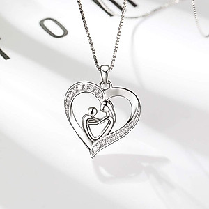 ABBGIABBW 925 Sterling Silver Mother and Daughter Love Heart Pendant Necklace Mom Daughter Jewelry Gifts for Women