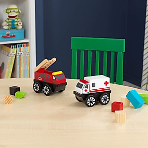 KidKraft Wooden 2-Piece Rescue Vehicle Play Set, Toy Ambulance and Fire Truck Cars, Gift for Ages 2+